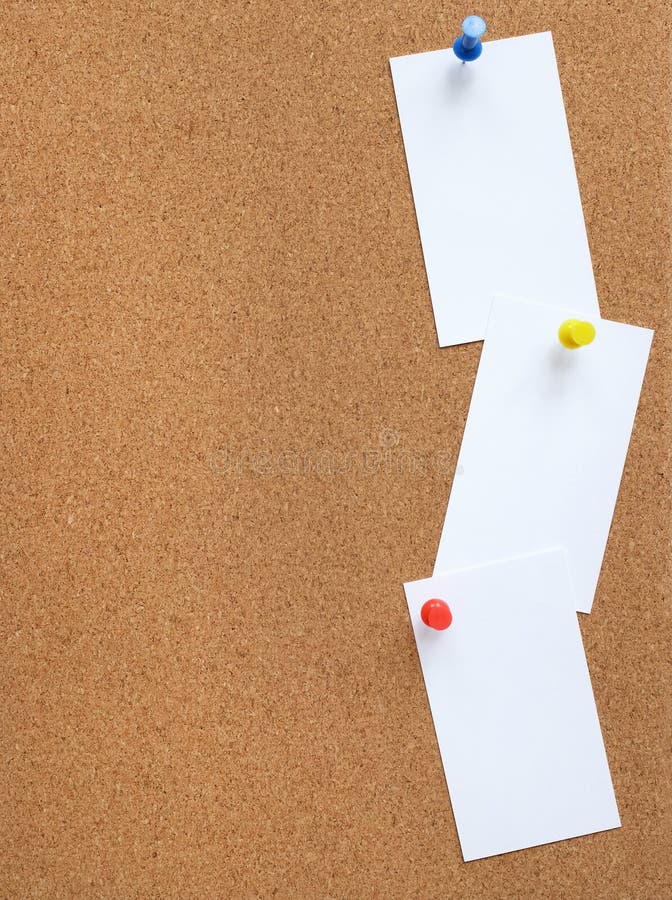 Cork Noticeboard with Three White Cards Pinned Vertically Stock Image ...