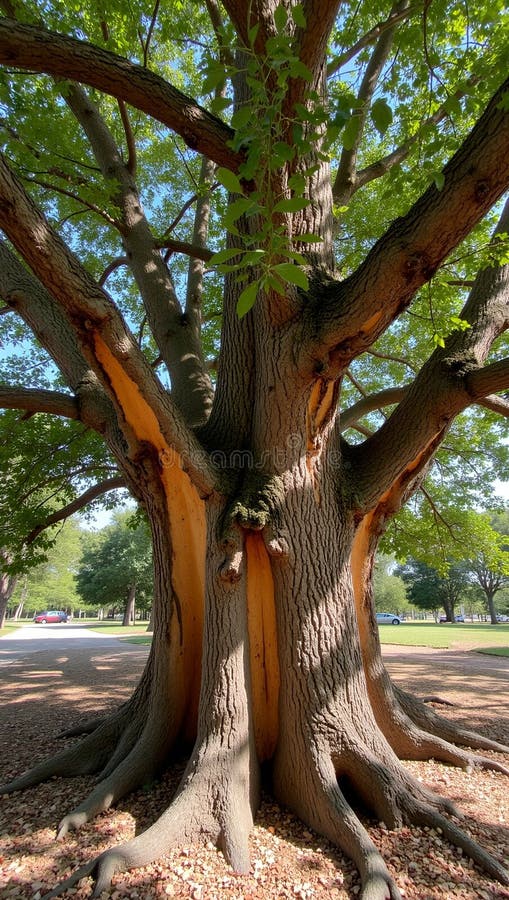 Cork Oak Tree with Harvested Bark Revealing Smooth Golden Surface Stock ...