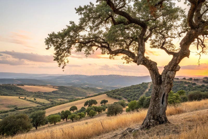Cork Oak Tree and Mediterranean Landscape Stock Illustration ...