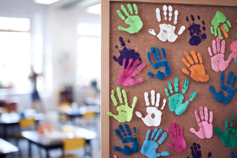 Corkboard with Colorful Handprints on a Blurred Classroom Background ... Corkboard with Colorful Handprints on a Blurred Classroom Background ...