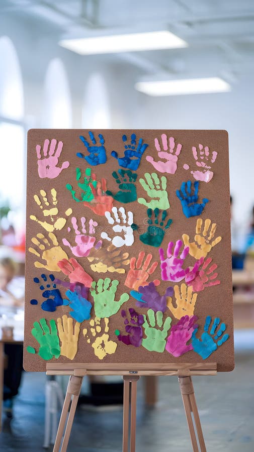 Corkboard with Colorful Handprints on a Blurred Classroom Background ... Corkboard with Colorful Handprints on a Blurred Classroom Background ...
