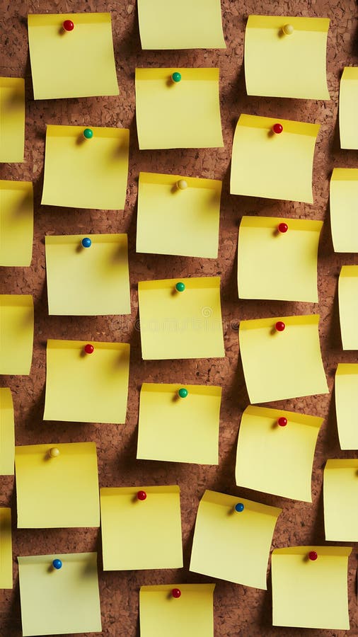 Corkboard Covered in Yellow Post it Notes, Some Pinned with Colored ...