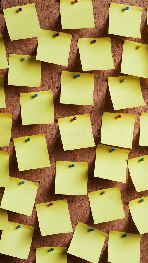 Corkboard Covered in Yellow Post it Notes, Some Pinned with Colored ... Corkboard Covered in Yellow Post it Notes, Some Pinned with Colored ...