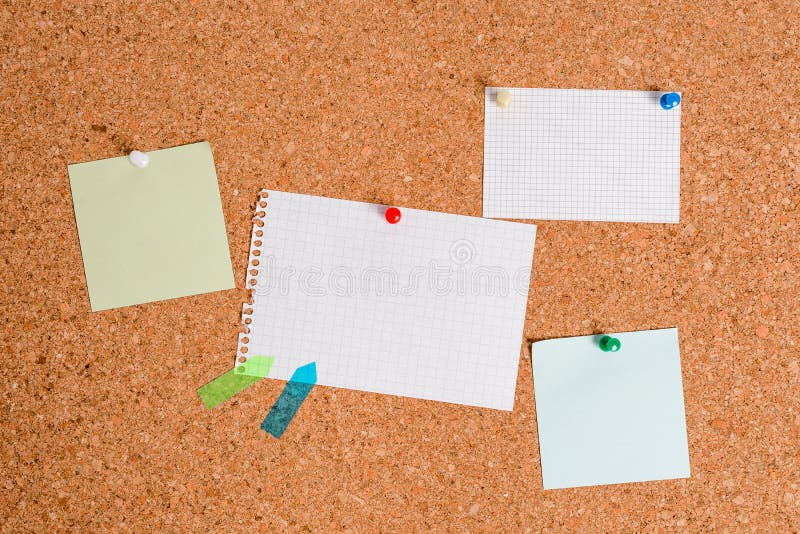 Corkboard with Different Color and Size Papers Fixed by a Pin ...