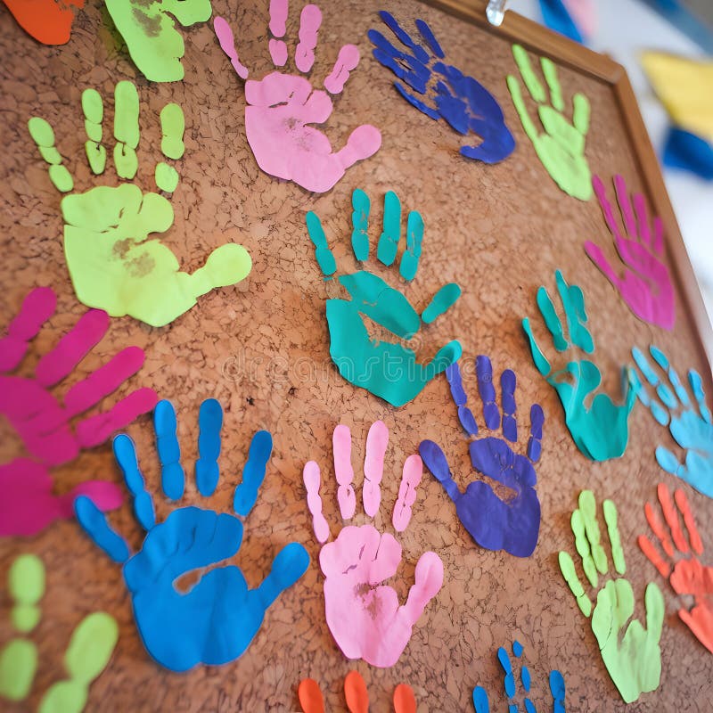 Corkboard Features Colorful Handprints Pinned in Lively Arrangement ... Corkboard Features Colorful Handprints Pinned in Lively Arrangement ...