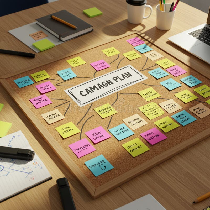 Corkboard Featuring a "CAMAGN PLAN" Mind Map with Colorful Sticky Notes ...