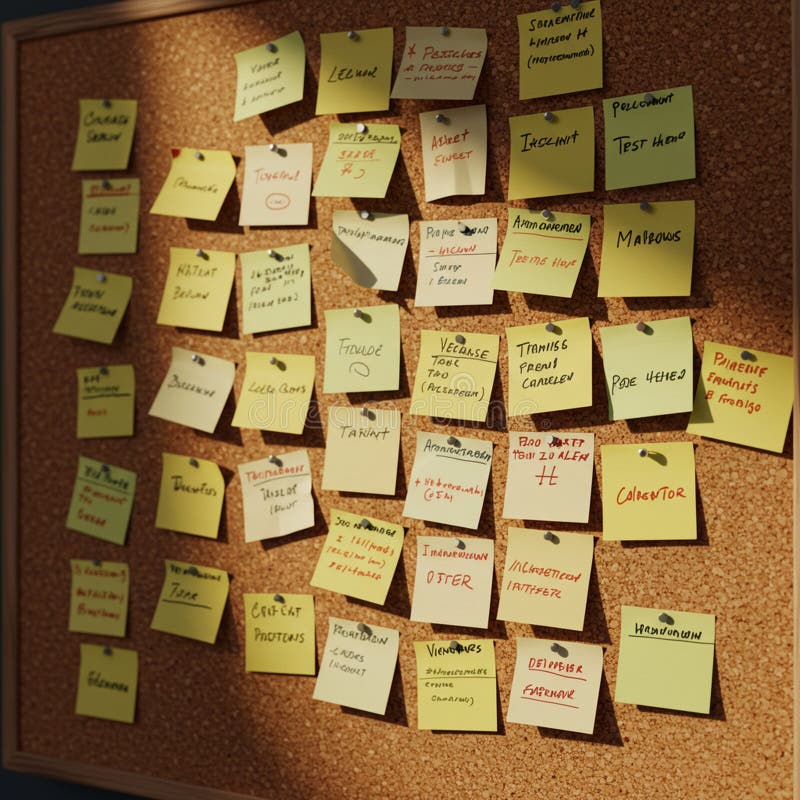 Corkboard Filled with Variously Colored Sticky Notes Organized in a ...