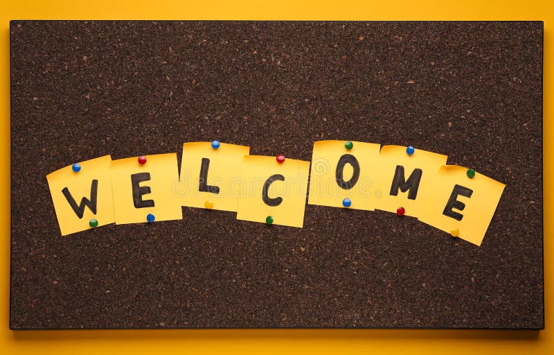 Corkboard with Word Welcome Made of Paper Notes on Yellow Background ...