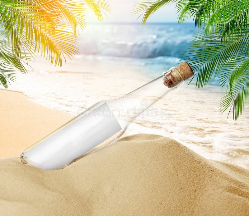 Corked Glass Bottle with Rolled Paper Note on Sandy Beach Near Ocean ...