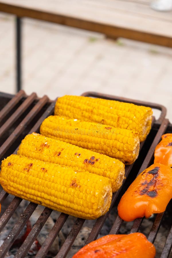 Corn and Bell Peppers are Cooked on the Grill Stock Photo - Image of ...