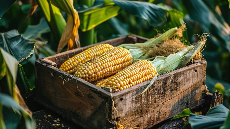 Corn in a Box in the Garden. Selective Focus Stock Photo - Image of ...
