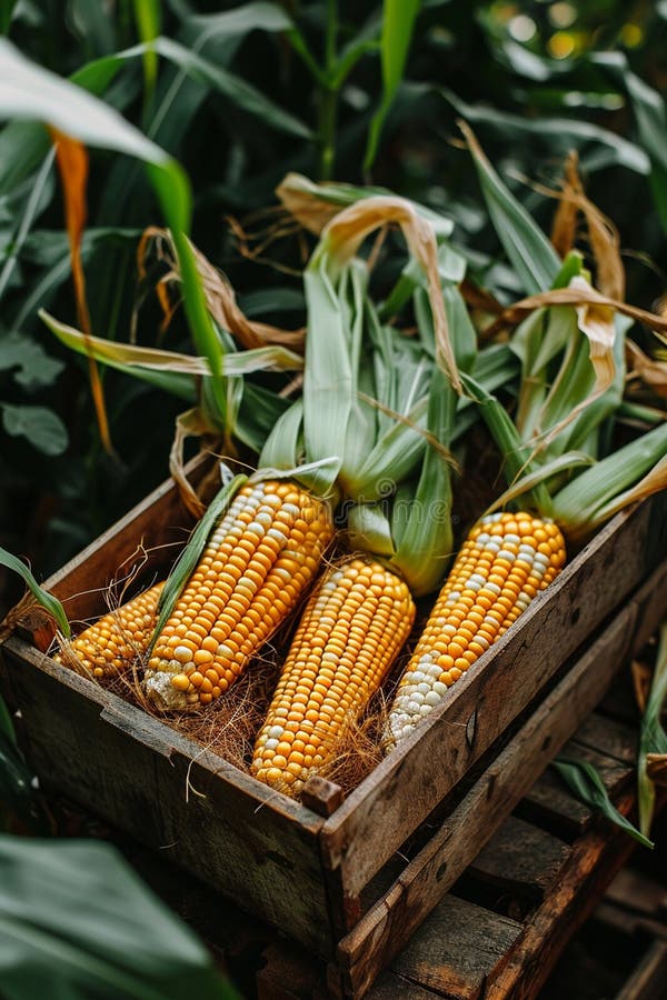 Corn in a Box in the Garden. Selective Focus Stock Image - Image of ...