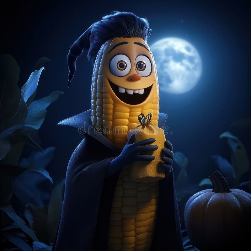 Corn Character Celebrates Halloween with Laughter Under the Moonlight ...