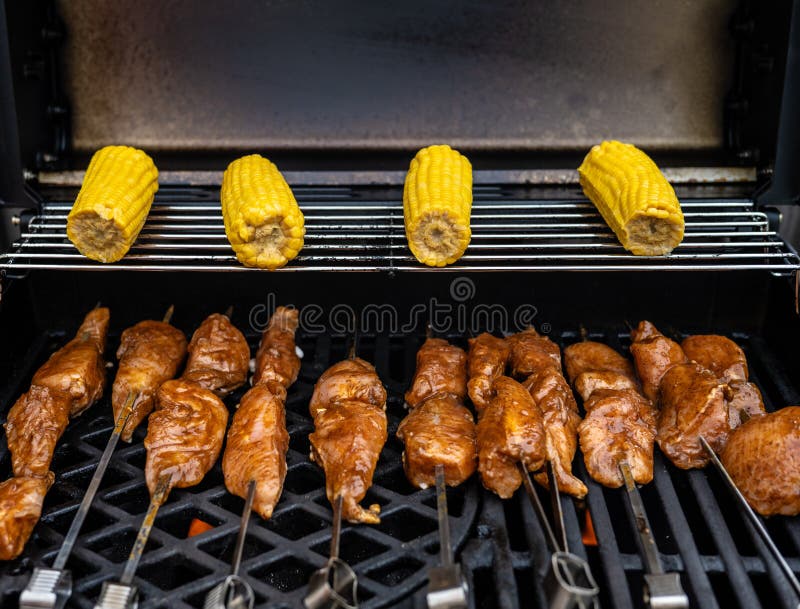 Corn and Chicken Skewers on a Barbecue.. Stock Image - Image of grilled ...