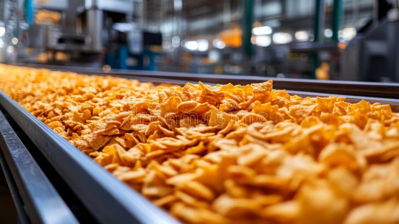 Corn Chips Moving Along a Factory Conveyor Belt Stock Illustration ...
