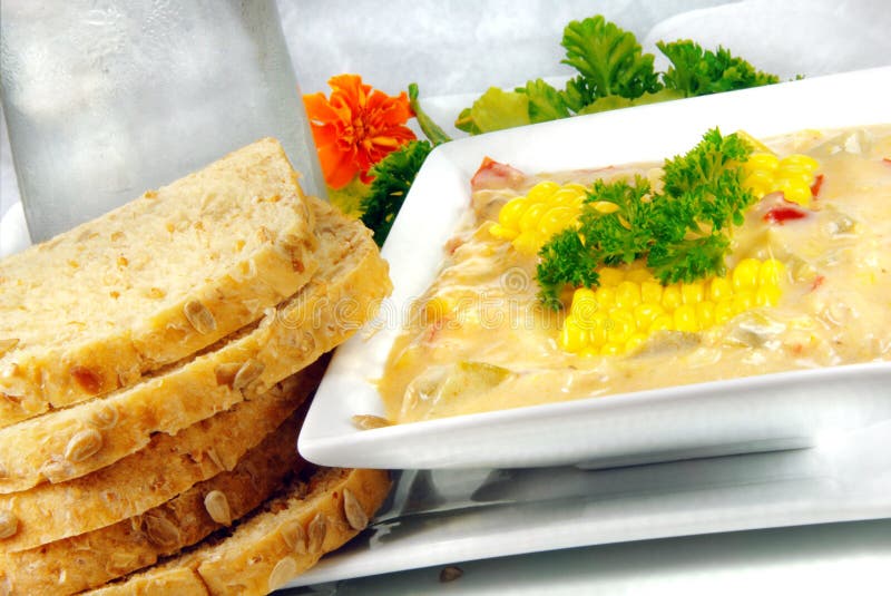 Corn Chowder with Bread stock photo. Image of yellow, corn - 6649392