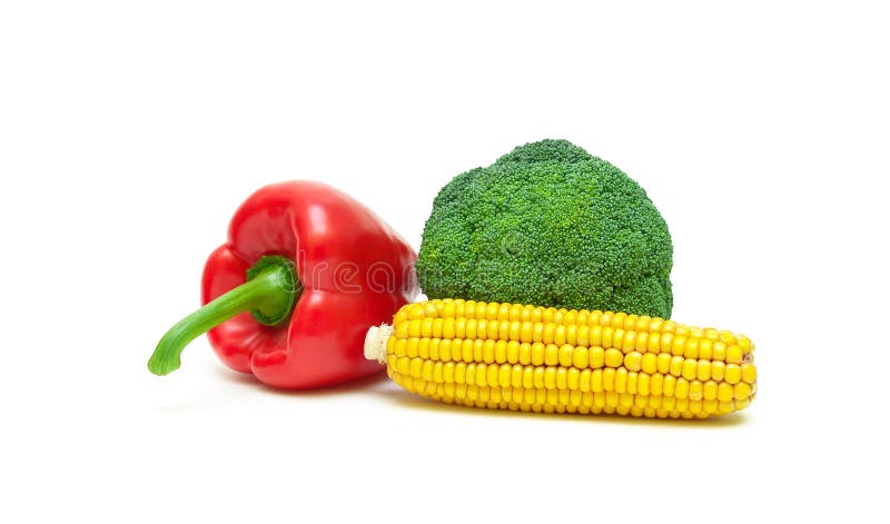Corn on the Cob, Broccoli and Sweet Peppers on White Background Stock ...