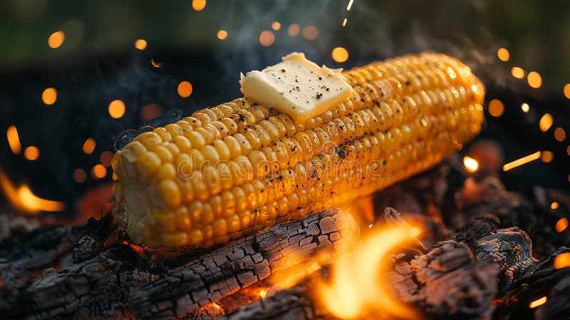 Corn on the Cob with Butter on Top, Grilled Over an Open Fire with Fire ...