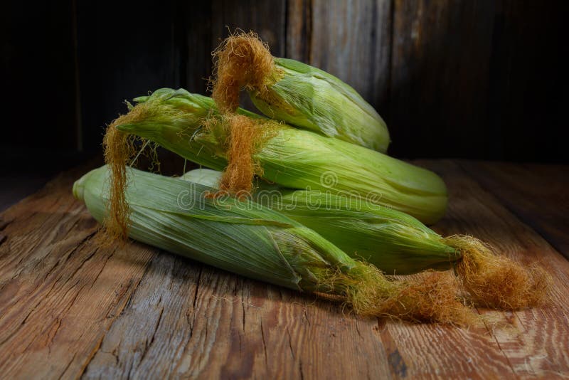 Corn on the Cob, Close-up on a Wooden Table, Horizontal View, Rustic ...