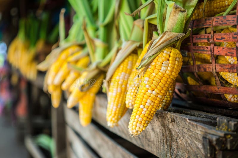 Corn on the Cob Hanging from a Rack Stock Photo - Image of cooking ...