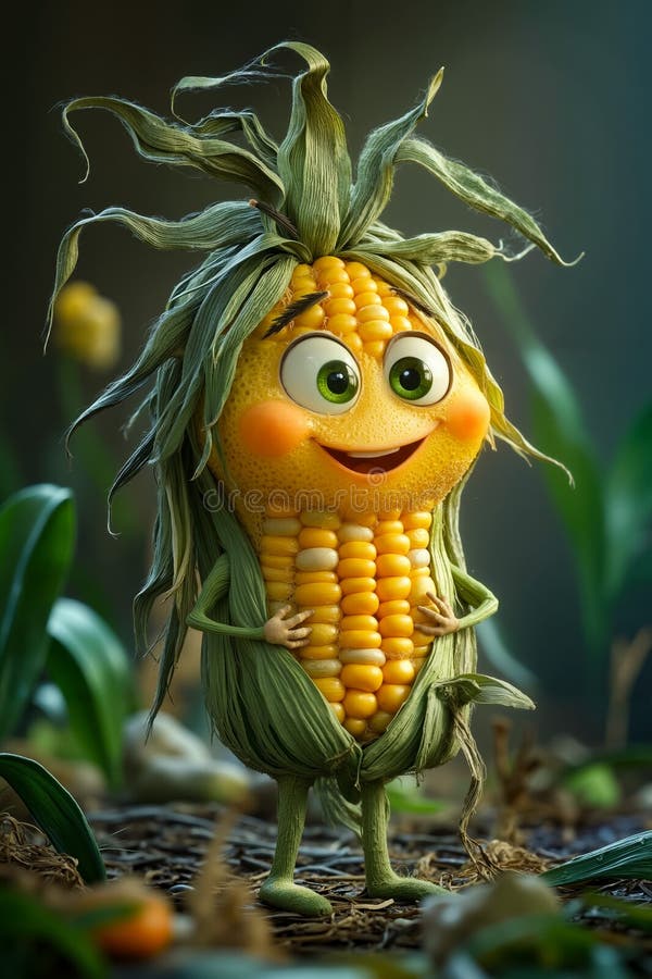 A Corn Cob with a Smiley Face Standing in the Middle of a Field Stock ...