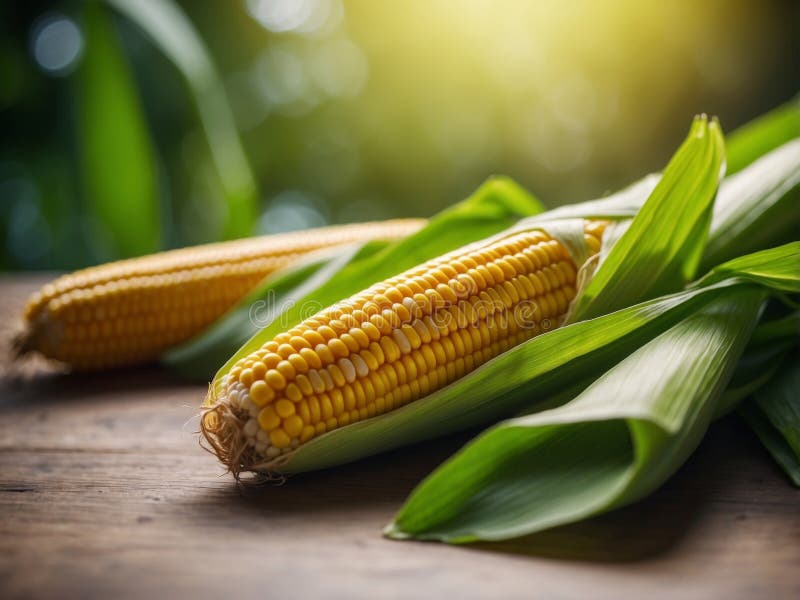 A Corn Cob on a Table with a Bunch of Green Leaves. Stock Photo - Image ...