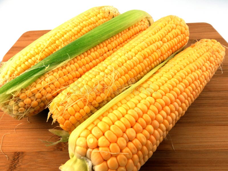 Corn Cob on Wooden Plank Isolated on White Stock Image - Image of plate ...