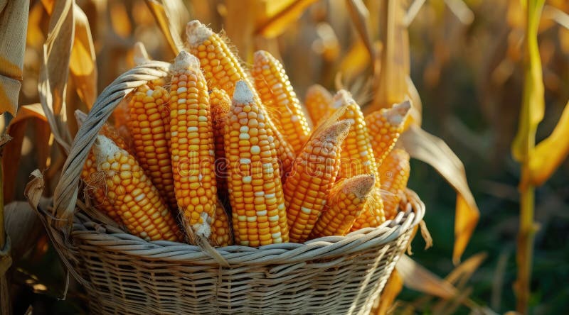 Corn Cobs in Basket at the Field Corn Farm Stock Illustration ...