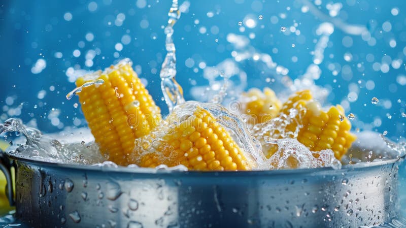 Corn Cobs Boiling in Hot Water on Blue Background Stock Image - Image ...