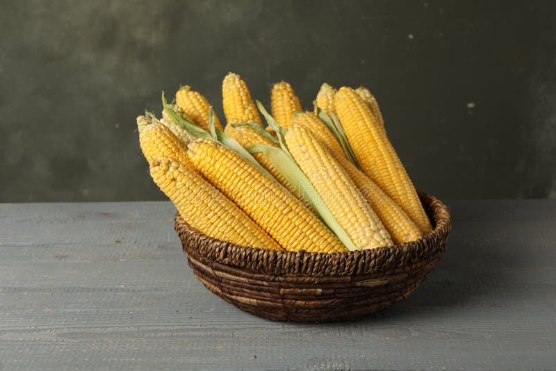 Corn Cobs in Bowl on Grey Wooden Table Stock Image - Image of farming ...