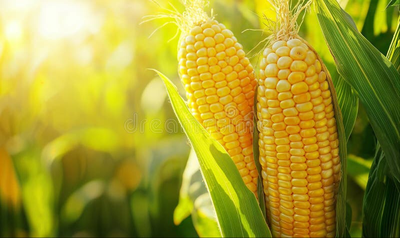Corn Cobs Close Up, Blurred Corn Field Background with Copy Space Stock ...