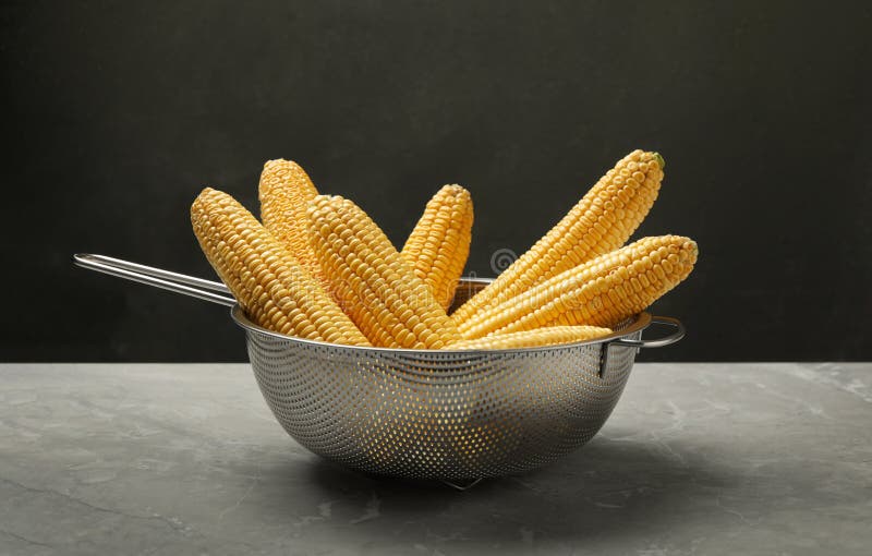 Corn Cobs in Colander on Grey Marble Table Stock Photo - Image of crop ...