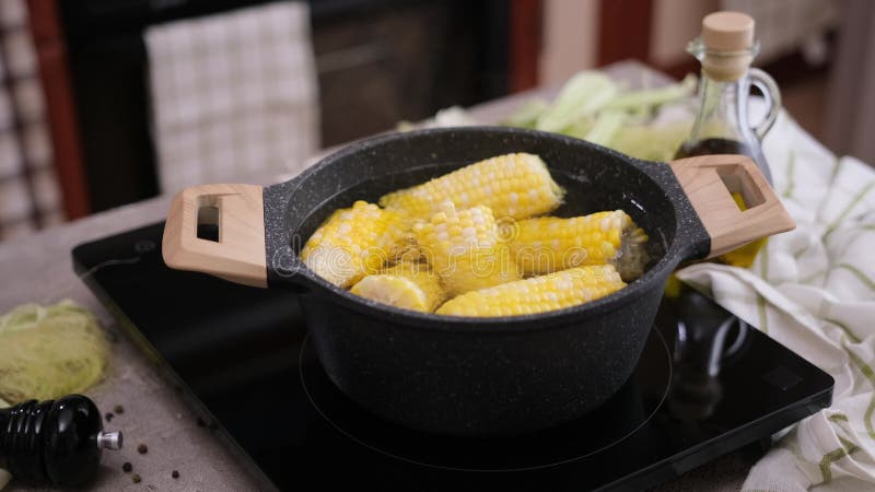 Corn Cobs Cooking in a Pot with Boiling Hot Water Stock Footage - Video ...