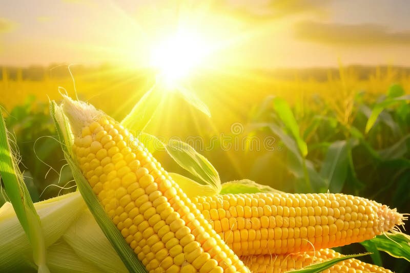 Corn Cobs with Field in the Rays of the Setting Sun, Ripening of Fresh ...
