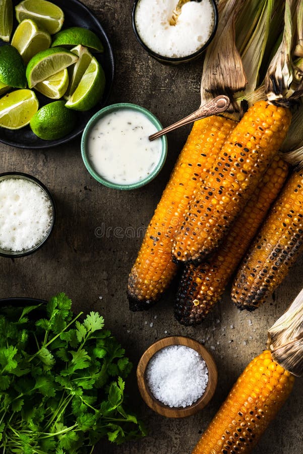 Corn Cobs Grilled, Served with Beer,salt, Coriander and Lime Stock ...