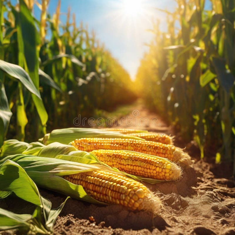 Corn Cobs on a Corn Plantation Field, in the Bright Rays of the Sun ...