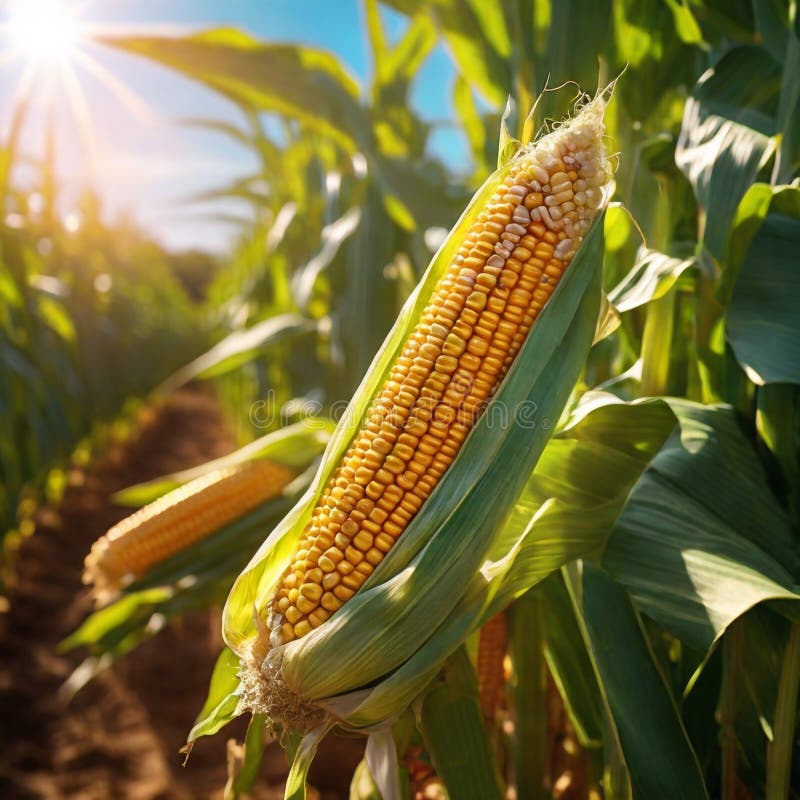 Corn Cobs on a Corn Plantation Field, in the Bright Rays of the Sun ...