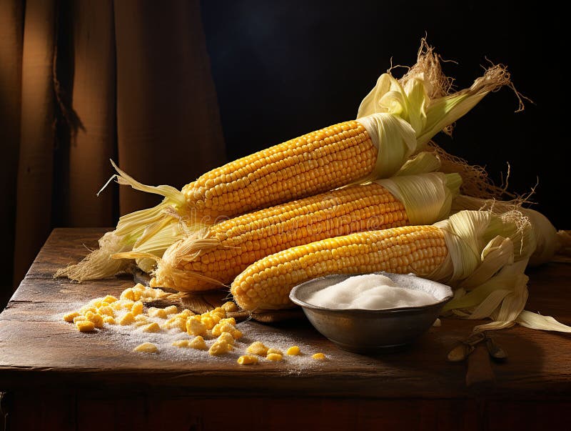 Corn Cobs on Table with Bowls of Salt Stock Illustration - Illustration ...