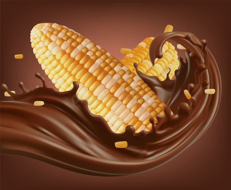 Corn Falling into the Chocolate Liquid Splash. Vector Illustration ...