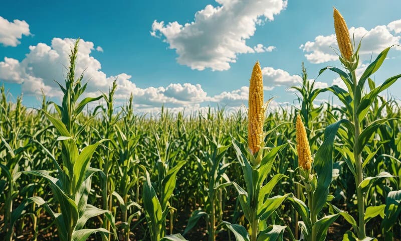 Corn Field with Blue Sky and Clouds Stock Illustration - Illustration ...