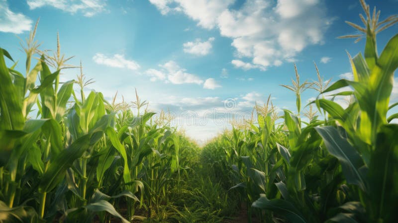 Corn Field with Blue Sky and Clouds Stock Illustration - Illustration of country, sundown: 298708989