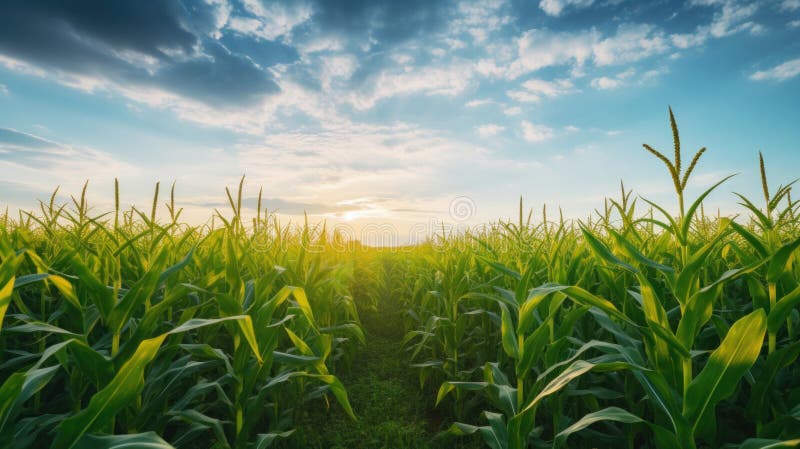 Corn Field with Blue Sky and Clouds Stock Illustration - Illustration ...
