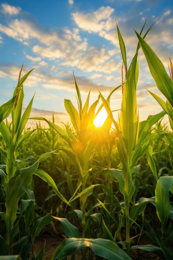 Corn Field with Blue Sky and Clouds Stock Illustration - Illustration ...