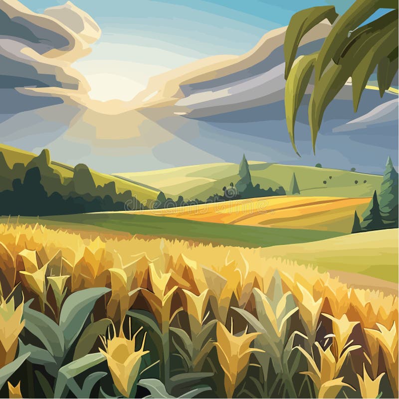 Corn Field with the Blue Sky Realistic Vector Illustration of Corn ...