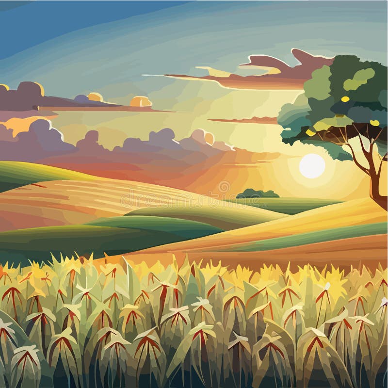Corn Field with the Blue Sky Realistic Vector Illustration of Corn ...