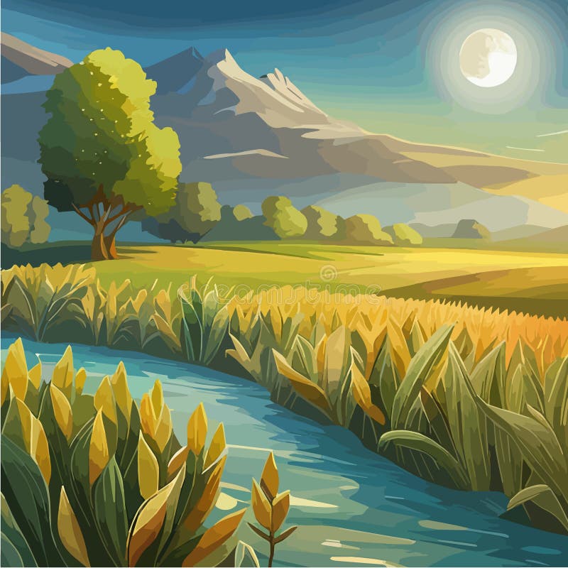 Corn Field with the Blue Sky Realistic Vector Illustration of Corn ...