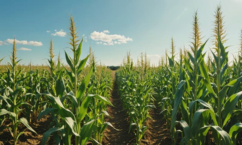 Corn Field with Blue Sky and Sun Stock Illustration - Illustration of ...