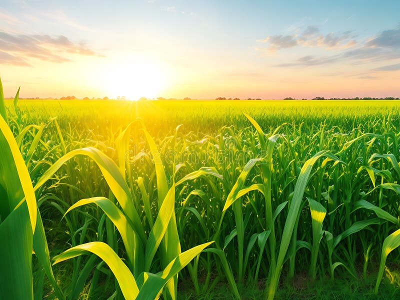 Corn Field, Blue Sky with Sunset or Sunlight. Agriculture Farming ...