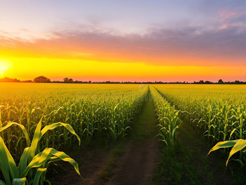 Corn Field, Blue Sky with Sunset or Sunlight. Agriculture Farming ...