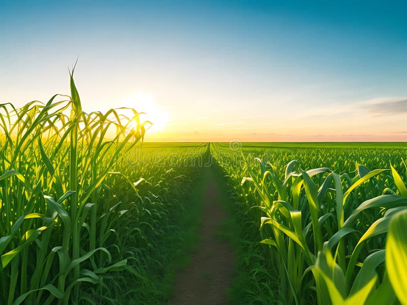 Corn Field, Blue Sky with Sunset or Sunlight. Agriculture Farming ...